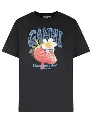 GANNI Ganni Strawberry T-Shirt In Black Cotton Women Gray
