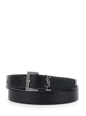 Saint Laurent SAINT LAURENT Cassandre Plate Leather Belt Black