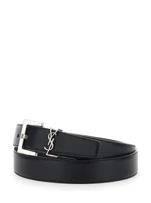 Saint Laurent Cassandre Plate Leather Belt - Black
