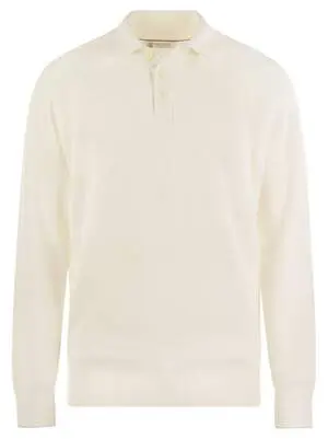 Brunello Cucinelli Cotton Rib Knit Polo Shirt With Long Raglan Sleeve - Cream