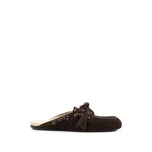 Miu Miu Suede Beaded Tassel Mule Shoes Brown