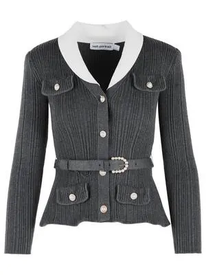SELF-PORTRAIT Ribbed Cardigan In Grey Viscose Blend - Gray