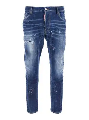 Dsquared2 Tidy Biker' Blue Jeans With Paint Embellishments And Logo Patch On The Rear In Denim - Multicolor
