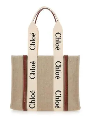 CHLOÉ Chloé Women Handbag 'Woody' Medium With Logo Lettering On The Front In Beige Linen For Women