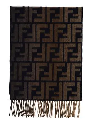 Fendi Brown Scarf With Fringed Hem And All-over Ff Logo In Wool And Cashmere For - Multicolor