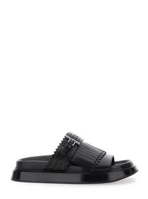Alexander McQueen Black Sandals With Brogue T-buckle Decorative Strap In Leather - Multicolor