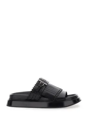 Alexander McQueen Black Sandals With Brogue T-buckle Decorative Strap In Leather - Multicolor