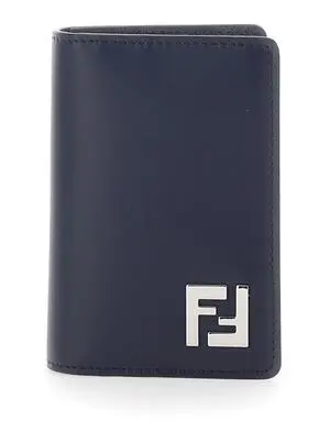 Fendi Blue Leather Card Holder With Ff Logo Plate On The Front For