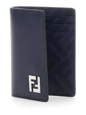 Fendi Blue Leather Card Holder With Ff Logo Plate On The Front For