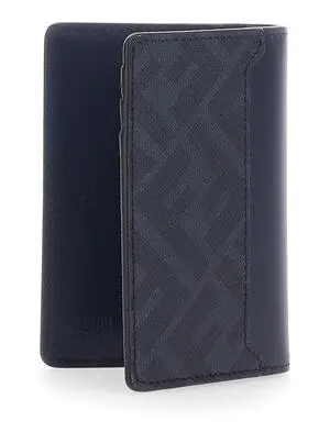 Fendi Blue Leather Card Holder With Ff Logo Plate On The Front For
