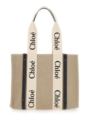 Chloé Handbag 'medium Woody' With Logo Lettering On The Front In Beige Linen For - Cream