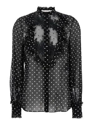 Valentino Garavani Black Crewneck Shirt With Floral Embroidery And All-over Polka Dots Motif In Silk - Multicolor