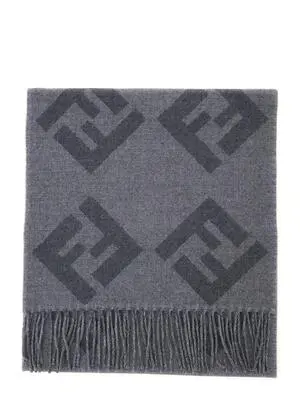 Fendi Grey Fringed Edge Scarf With All-over Ff Logo In Wool - Gray