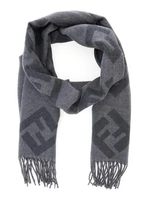 Fendi Grey Fringed Edge Scarf With All-over Ff Logo In Wool - Gray