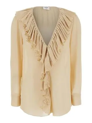 Saint Laurent Beige Blouse With V Neck And Ruffles On Front And Rear In Silk - Multicolor