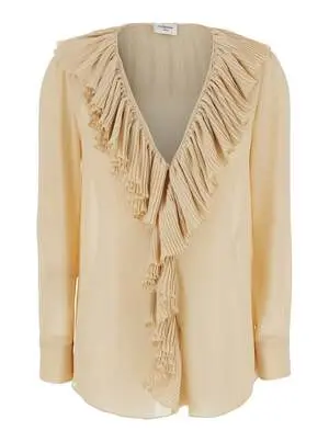 Saint Laurent Silk Ruffled V-neck Blouse - Multicolor