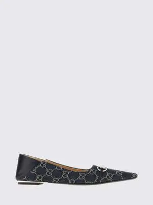 Gucci Vittoria Tapered Toe Gg Jacquard Denim Ballet Flats With Horsebit Detail - Blue