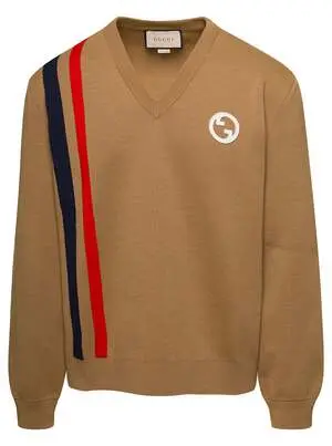 Gucci Beige Sweater With Interlocking G And V Neck In Wool - Multicolor