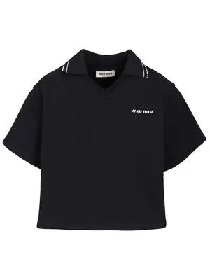 Miu Miu Cotton Jersey Cropped Polo Shirt - Blue