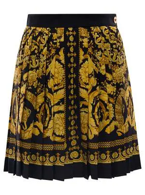 Versace Black And Golden Pleated Skirt With Baroque Print All-over In Silk - Multicolor