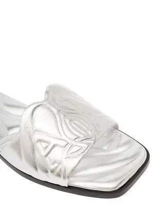 Alexander McQueen Metallic Flat Sandals With Embossed Motif In Metallic Leather - Silver