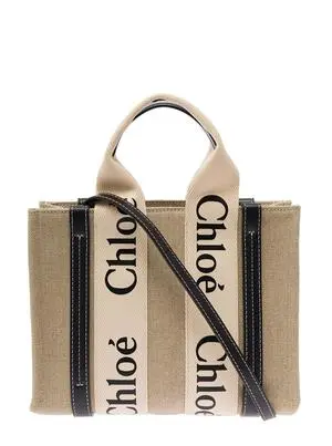 Chloé Chloé Women Tote Bag 'Woody' With Leather And Linen Strap In Beige For Women Cream