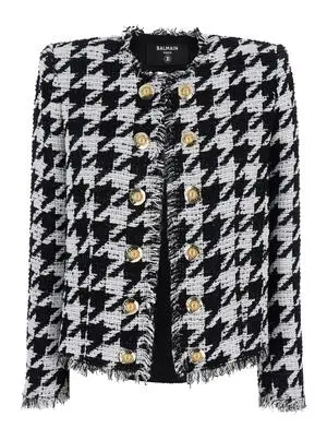 Balmain Spencer' Black And White Jacket With All-over Check Motif And Fringed Hem In Cotton Blend - Multicolor