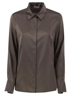 Peserico Stretch Silk Shirt With Concealed Button Fastening - Brown
