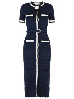 SELF-PORTRAIT Cotton Blend Openwork Knit Midi Dress - Blue