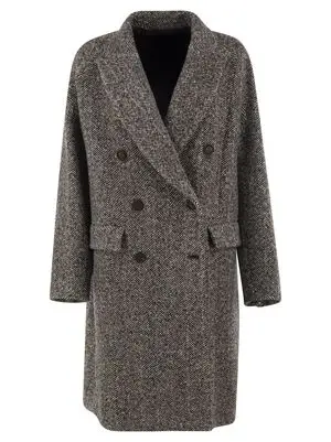 Brunello Cucinelli Double-breasted Herringbone Wool Coat With Sequins - Black