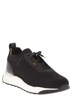 Santoni Textile And Leather Trainers With Raised Sole - Black