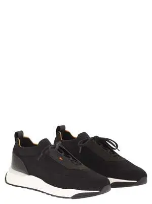 Santoni Textile And Leather Trainers With Raised Sole - Black