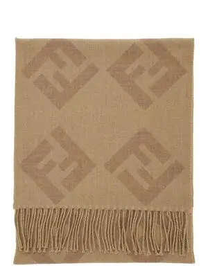 Fendi Beige Scarf With Fringed Hem And All-over Ff Motif In Wool For - Cream
