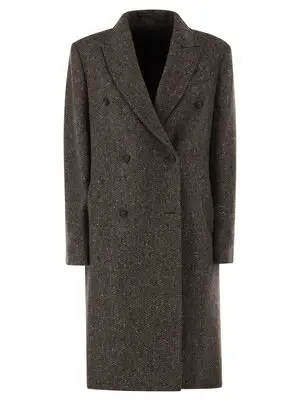 Brunello Cucinelli Double-breasted Herringbone Tweed Coat With Sequins - Brown