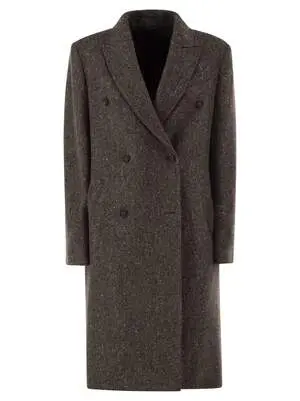 Brunello Cucinelli Double-breasted Herringbone Tweed Coat With Sequins - Brown