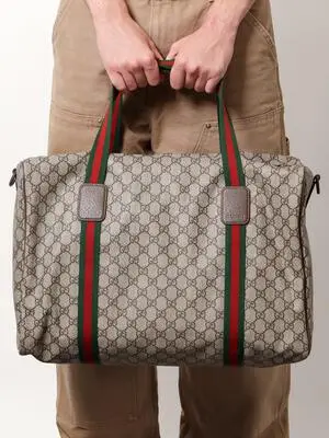 Gucci Gg Supreme Fabric And Leather Travel Bag With Web Detail - Multicolor