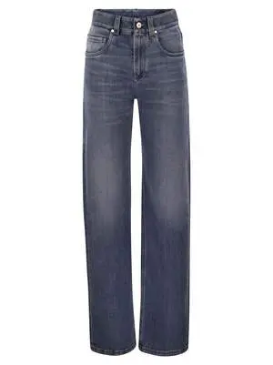 Brunello Cucinelli Contemporary Loose Trousers In Comfort Cotton Denim With Jewellery - Blue