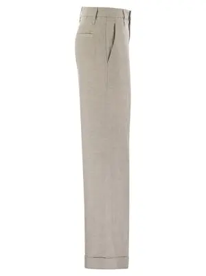Brunello Cucinelli Flared Loose-fitting Trousers In Sparkling Linen Twill With Necklace - Multicolor