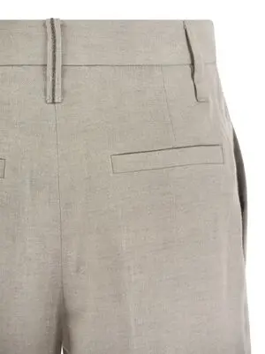 Brunello Cucinelli Flared Loose-fitting Trousers In Sparkling Linen Twill With Necklace - Multicolor