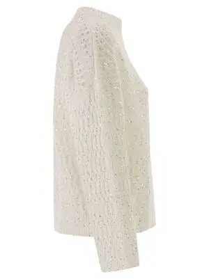 Brunello Cucinelli Linen Openwork Crew Neck Jumper With Sequins