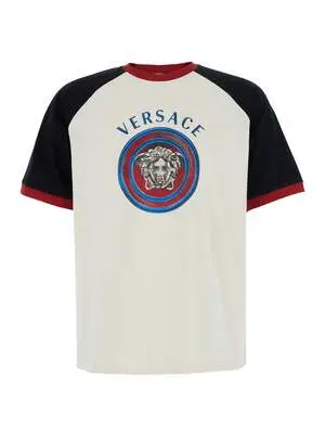 Versace Crew Neck T-shirt With Logo Lettering And Medusa Embroidery On The Front In Cotton For - Multicolor