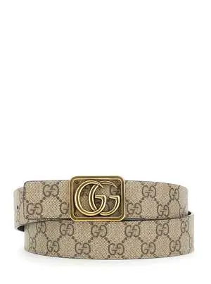 Gucci Gg Marmont' Beige Reversible Belt With Gg Buckle On The Front In Gg Supreme Fabric And Leather - Multicolor