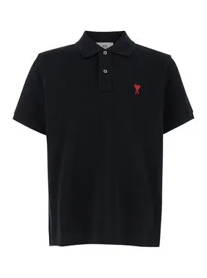 AMI Paris Polo Shirt With Embroidered Adc Logo On The Front In Cotton For - Black