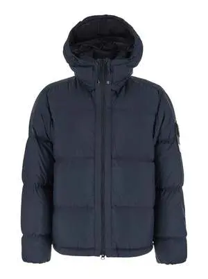 Stone Island Blue Down Jacket With Removable Hood And Logo Patch On The Sleeve In Tech Fabric For - Multicolor
