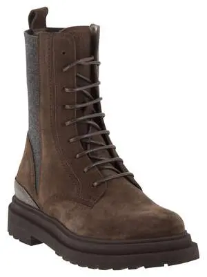 Brunello Cucinelli Suede Combat Boots With Cashmere Panels - Brown