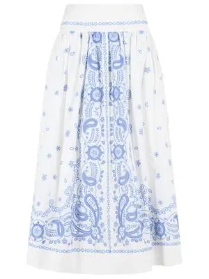SELF-PORTRAIT Embroidered Midi Skirt In And Blue Cotton - White