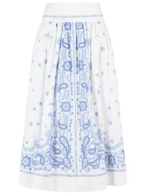 SELF-PORTRAIT Embroidered Midi Skirt In And Blue Cotton - White