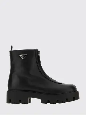 Prada Leather Lug Sole Ankle Boots - Black