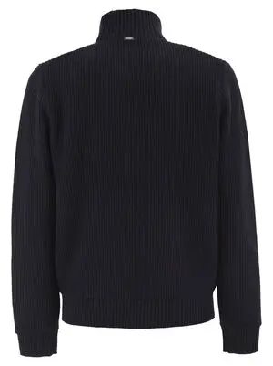 Herno Pure Wool Knit Jacket With High Collar And Faux Fur Lining