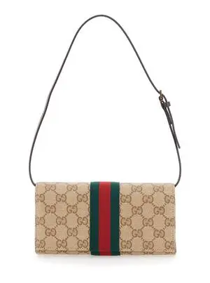 Gucci Beige Crossbody Bag With Gg All-over Motif And Web Detail In Fabric For - Multicolor